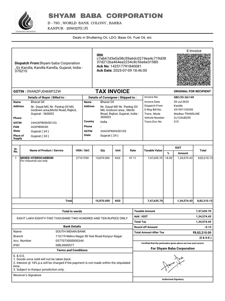 Tax Invoice for Bharat Oil - Shyam Baba Corp | PDF | Public Finance ...