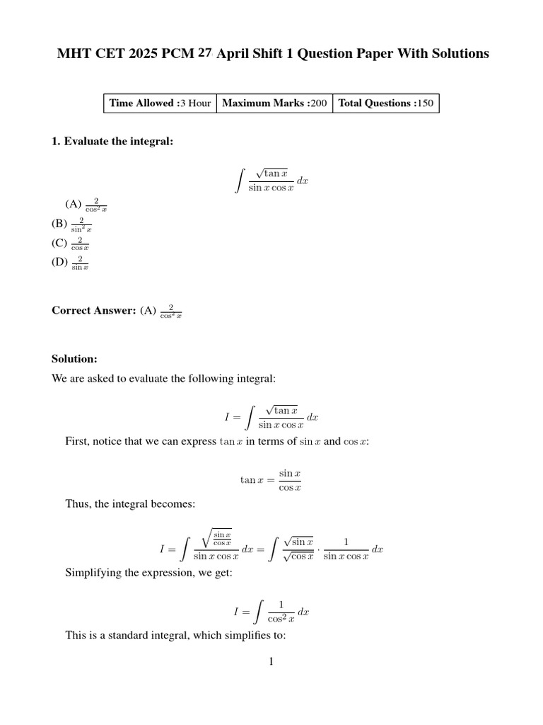 MHT CET 2025 PCM Question Paper & Solutions | PDF | Trigonometric ...