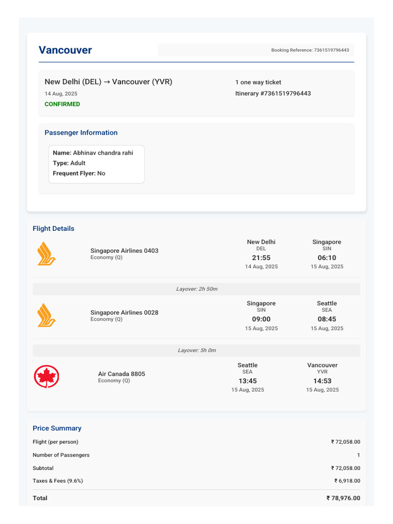 Vancouver Flight Itinerary Confirmation | PDF | Aviation