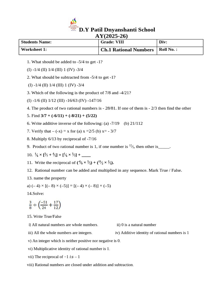 Rational Numbers Worksheet for Grade VIII | PDF