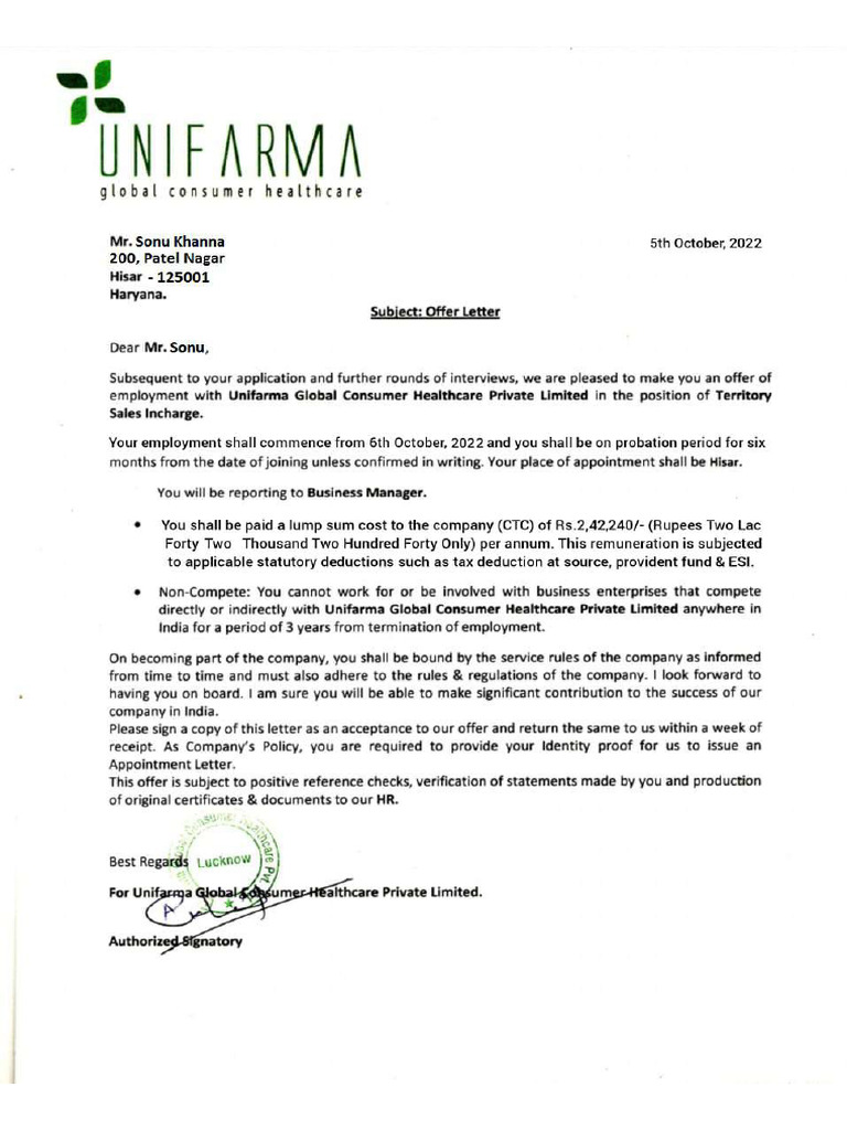 Offer Letter - TSI Sonu Khanna | PDF