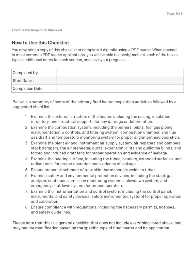 Fired Heater Inspection Checklist Guide | PDF | Mechanical Engineering ...