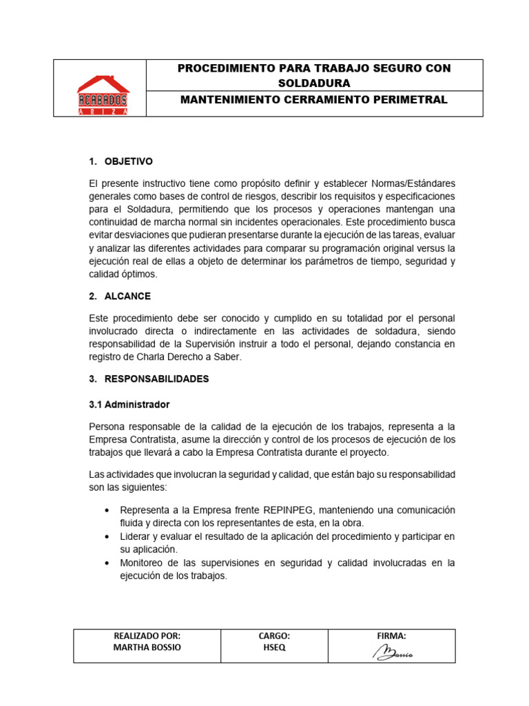 Procedimiento para Trabajo Seguro Con Soldadura - Acabados Ariza | PDF | Soldadura | Construcción