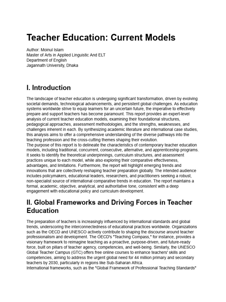 Current Models of Teacher Education Analysis | PDF | Educational ...