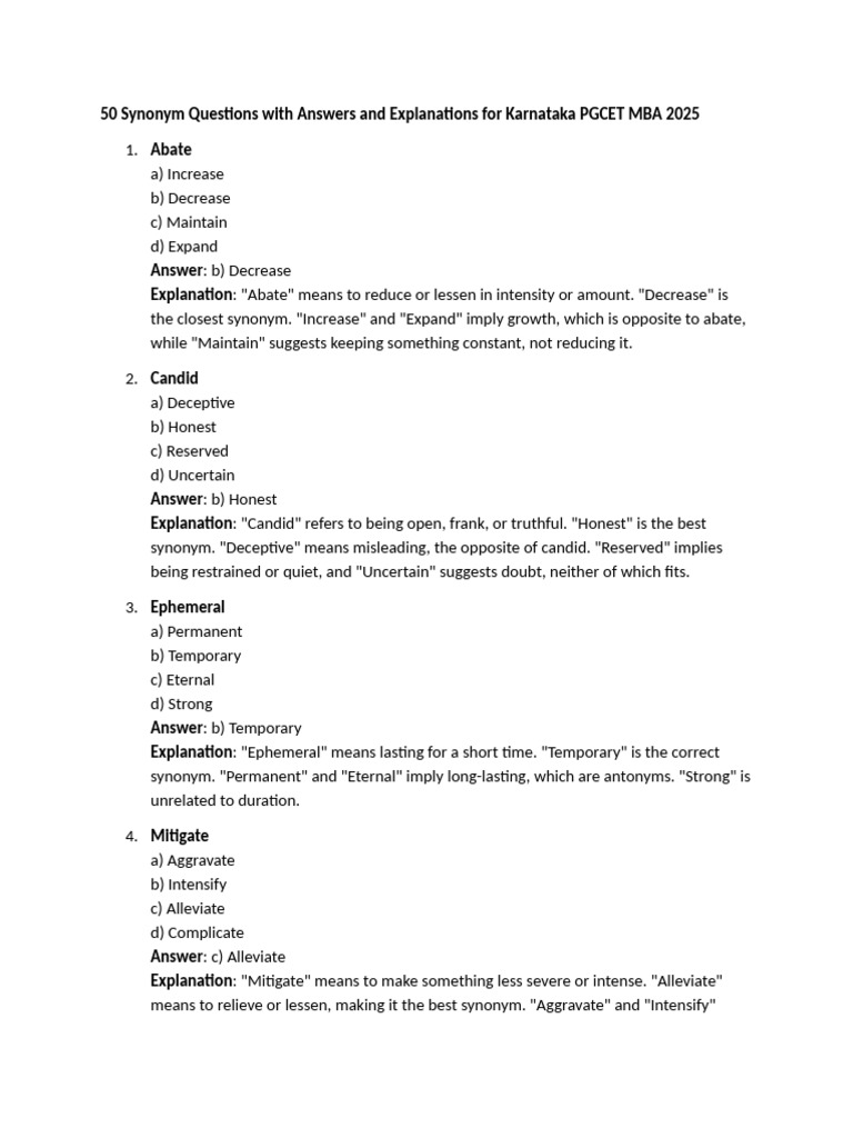 50 Synonym Questions With Answers and Explanations For Karnataka PGCET MBA 2025 | PDF | Vocabulary