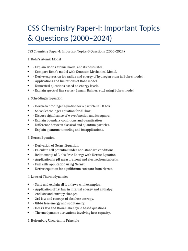 CSS Chemistry Updated Important Questions | PDF | Adsorption | Entropy