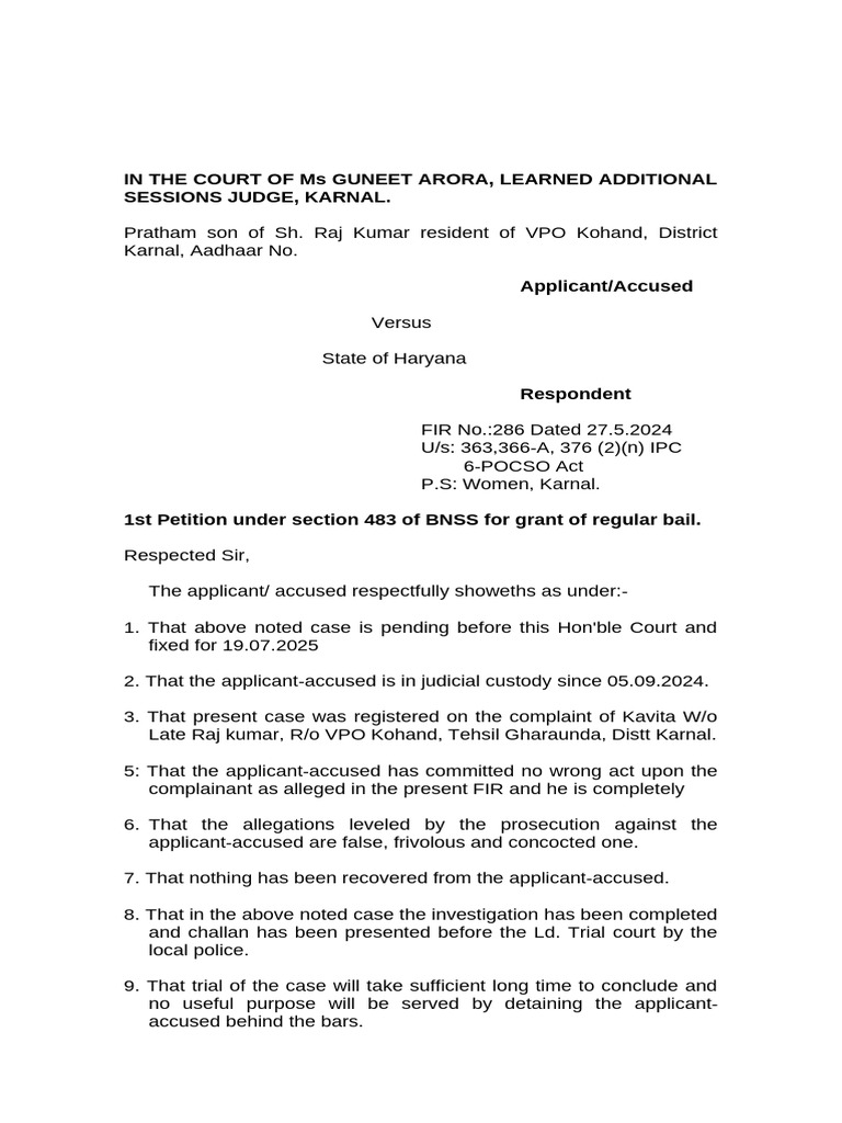 Reguler Bail Application Prathan So Rajkumar Kohand | PDF | Bail ...