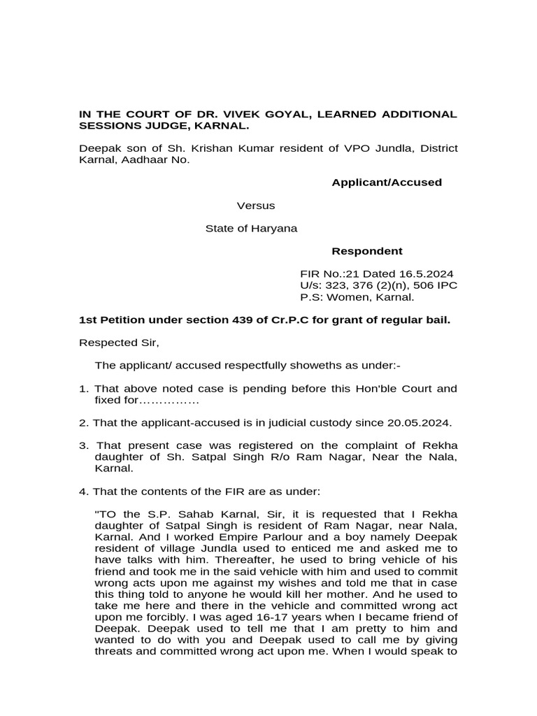 Reguler Bail Application Deepak So Krishan Jundla | PDF | Bail | Government