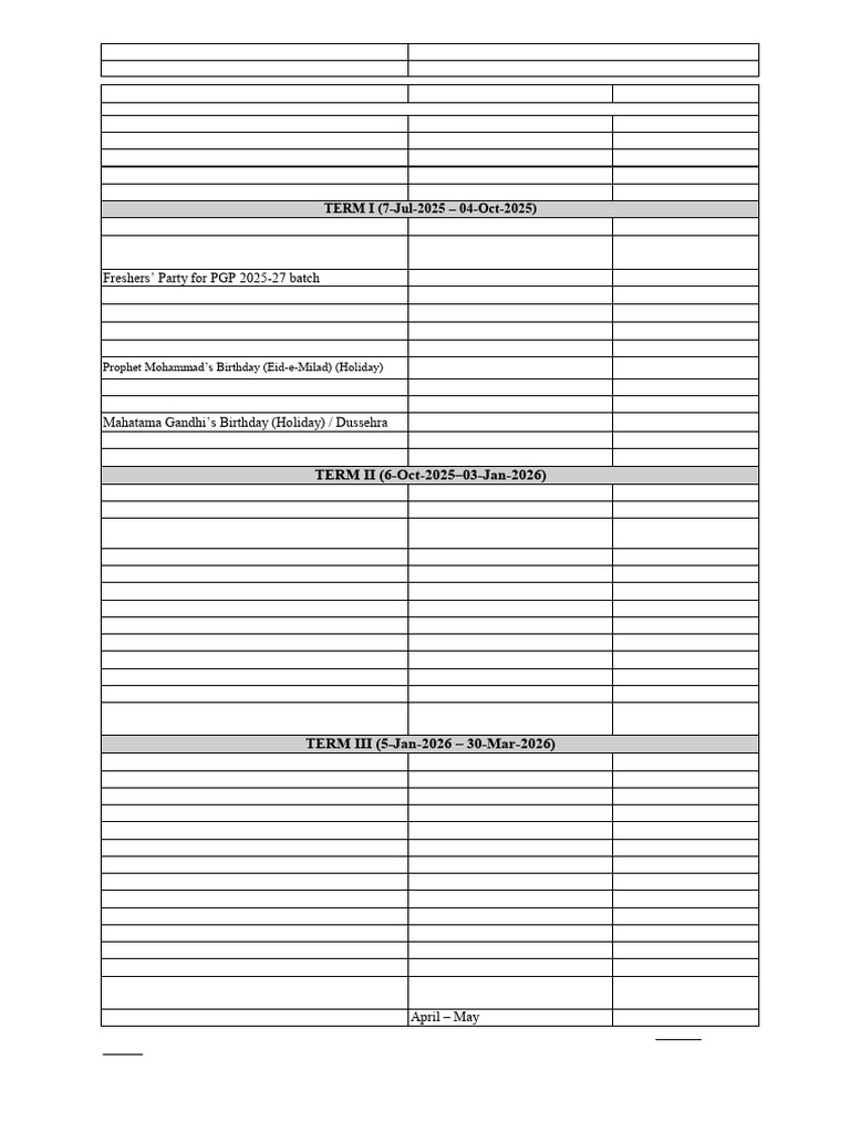 Academic Calendar First Year PGP 2025 27 Batch | PDF | Academic Term | Entertainment Events