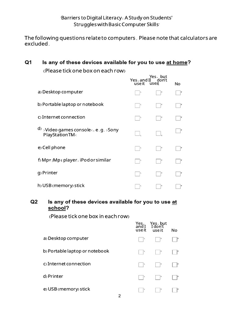 Questionnaire Barriers To Digital Literacy | PDF | Laptop | Computing