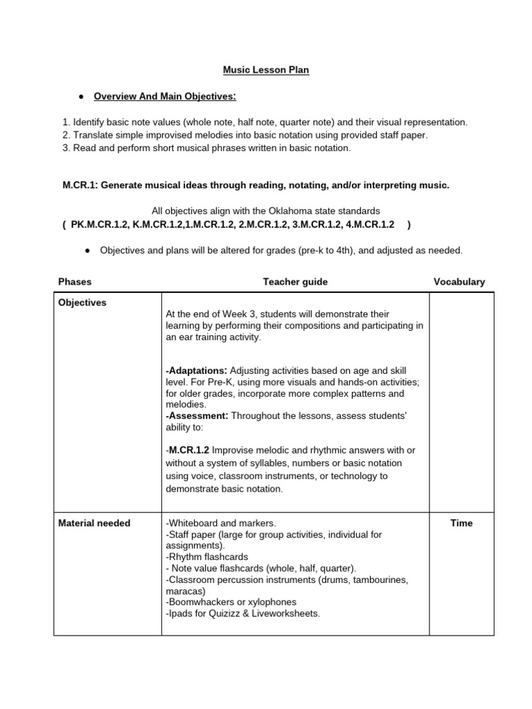 January 17 To March 7 Music Lesson Plan | PDF | Rhythm | Musical Notation