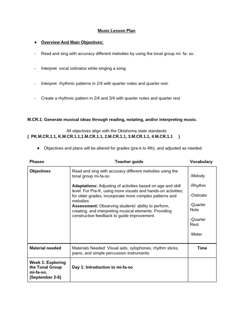 September 2 To 20 Music Lesson Plan | PDF | Rhythm | Singing