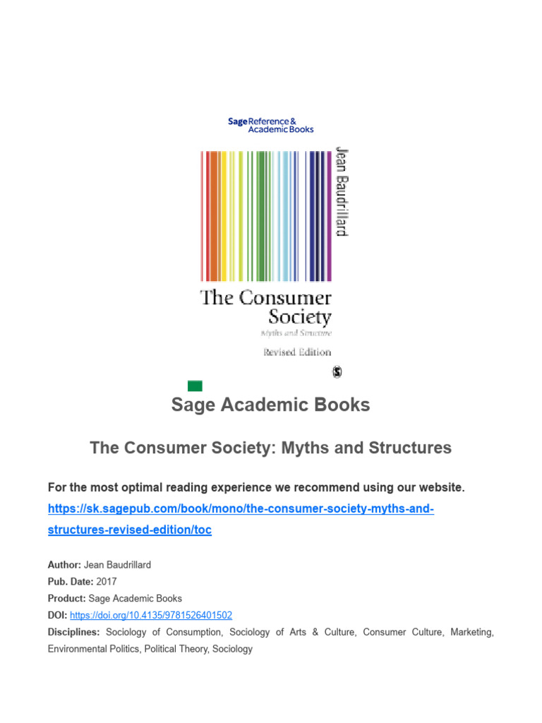 Baudrillard's Consumer Society Insights | PDF | Consumerism | Sociology