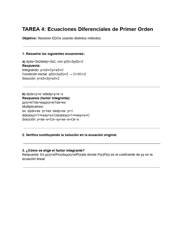 Tarea 4. Ecuaciones Diferenciales de Primer Orden | PDF