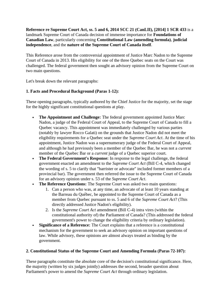 Reference Re Supreme Court Act (Specific Paragraph) | PDF | Supreme ...