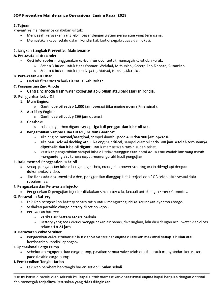 Sop Preventif Maintenance Operasional Engine Kapal 2025 | PDF