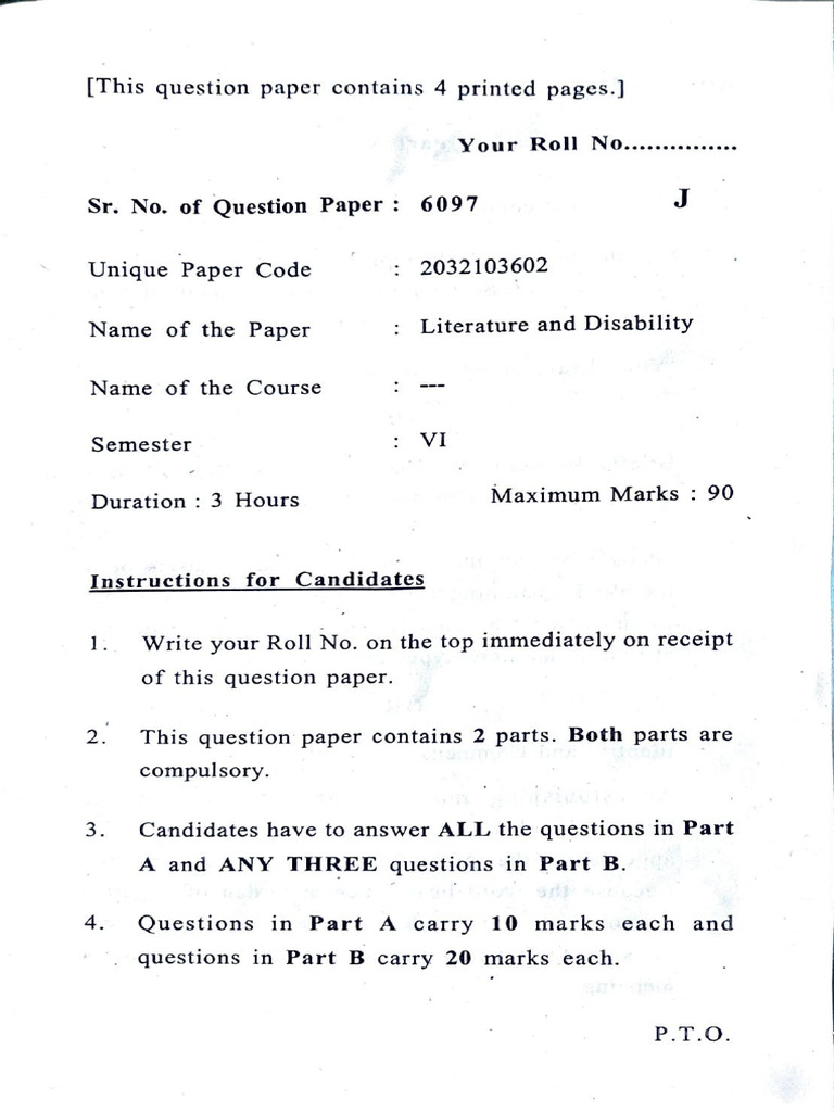 Literature and Disability Exam Paper | PDF