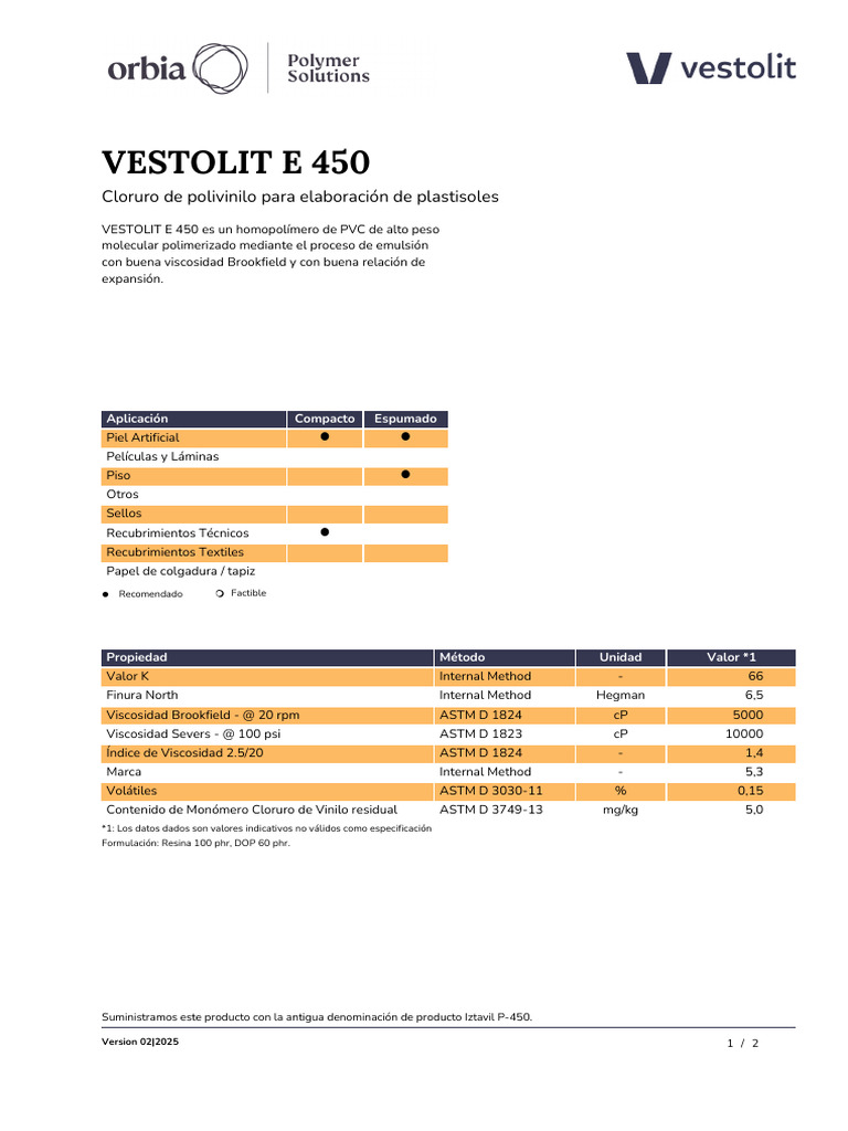 Vestolit e 450 FT SP | PDF | Cloruro de polivinilo | Sustancias químicas