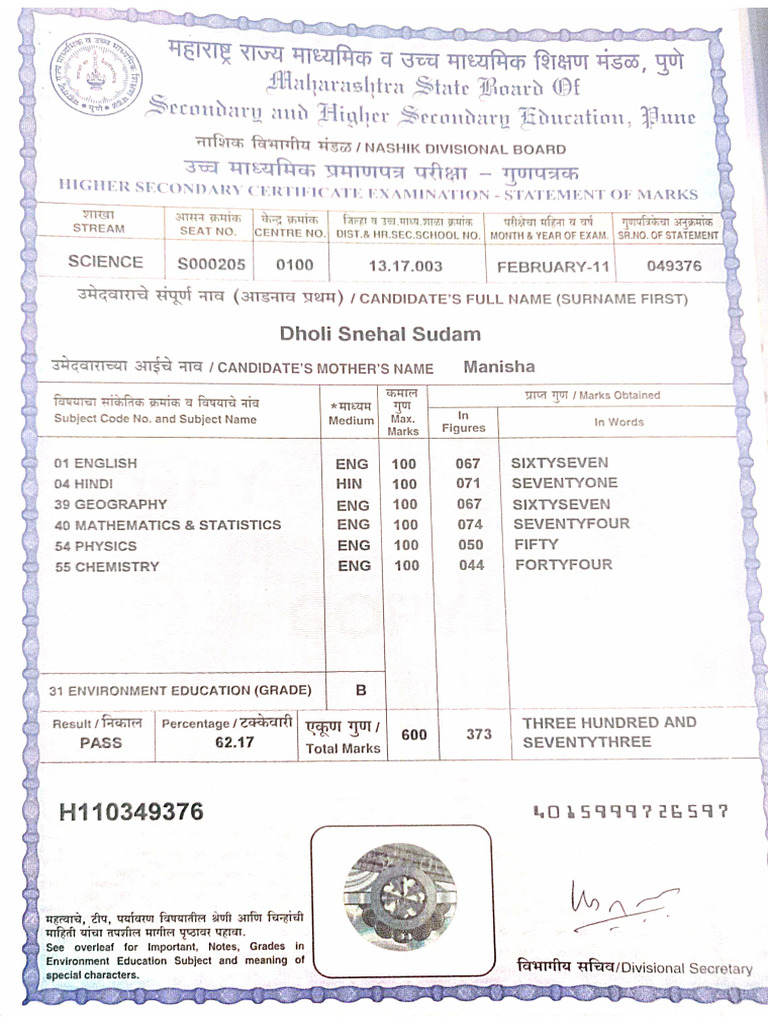 12th Marksheet | PDF
