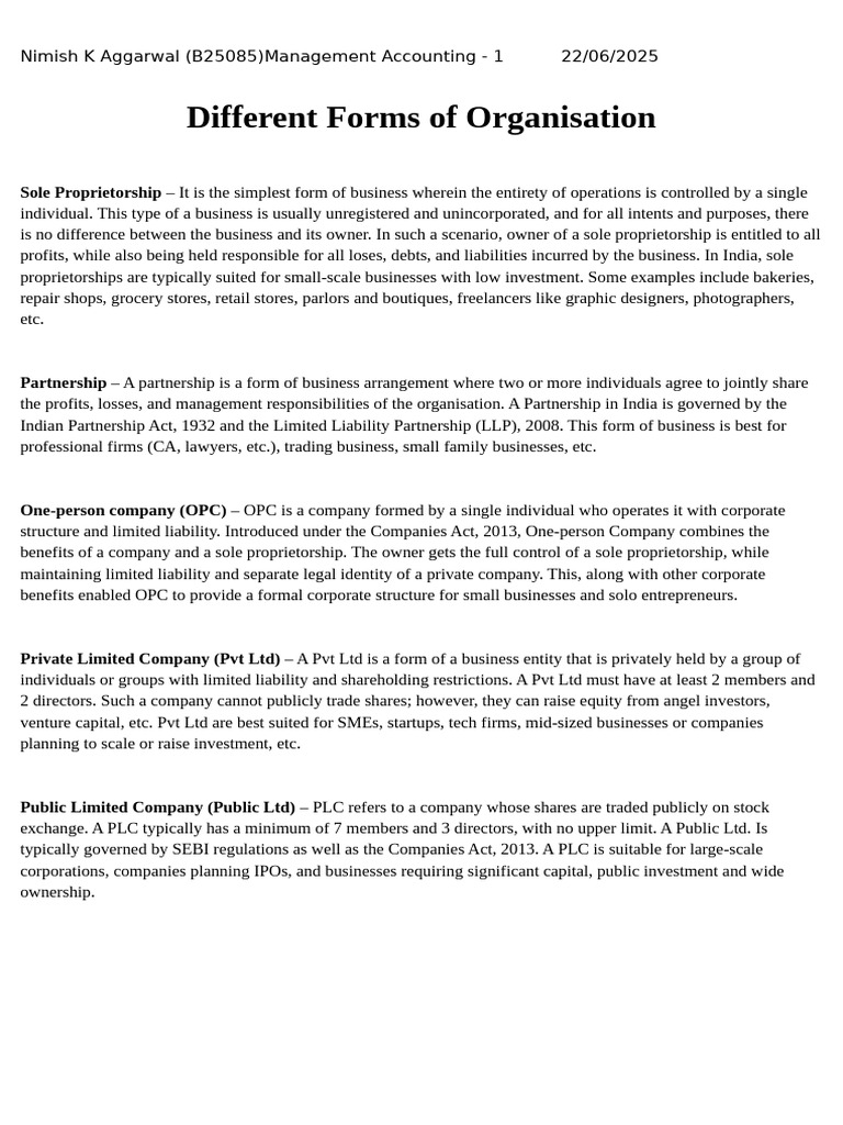 Managerial Economics Assignment-1 | PDF | Sole Proprietorship | Partnership