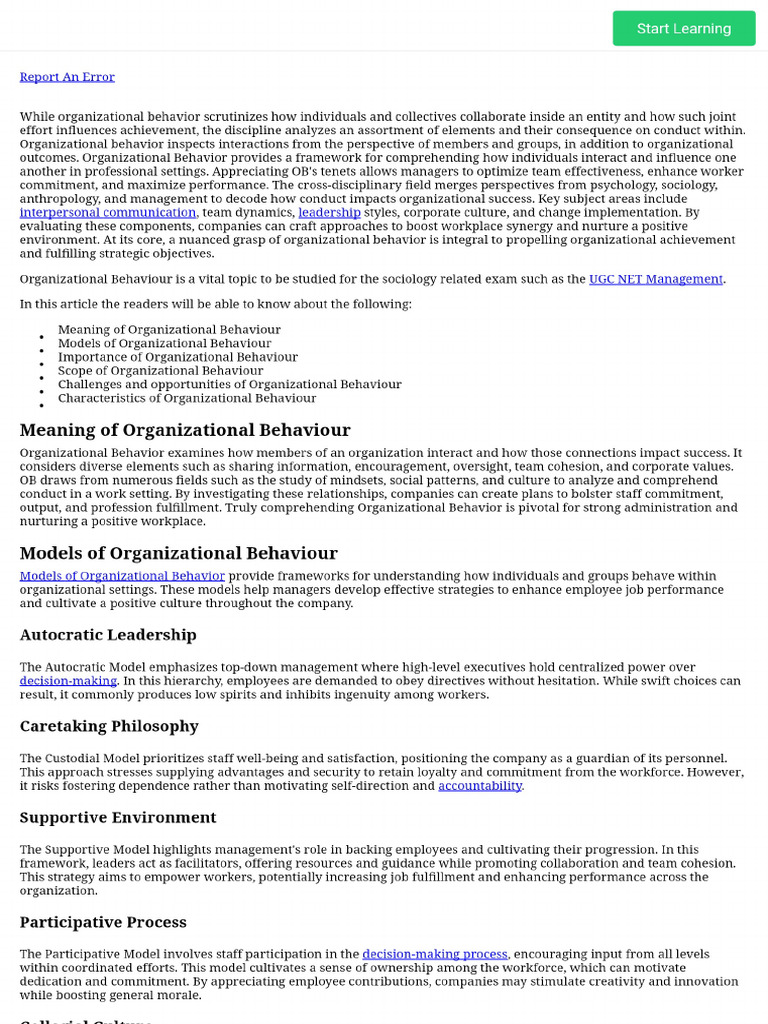 Organizational Behavior - UGC NET Management Notes & Study Material | PDF