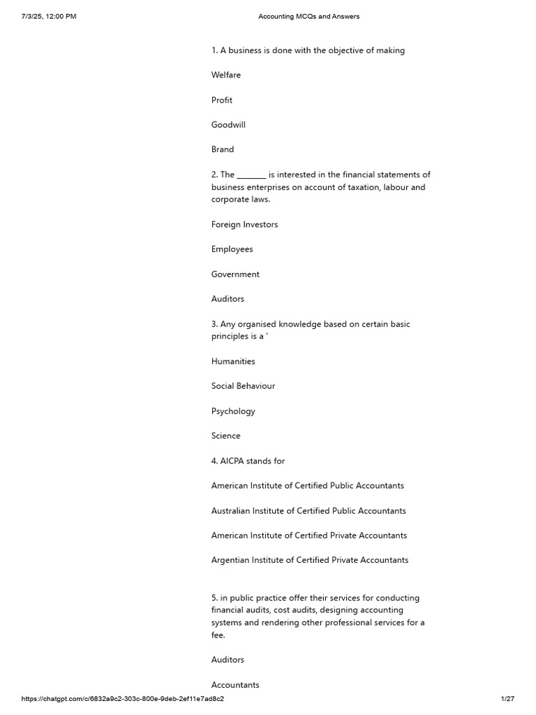 Accounting MCQs and Answers | PDF | Debits And Credits | Bookkeeping