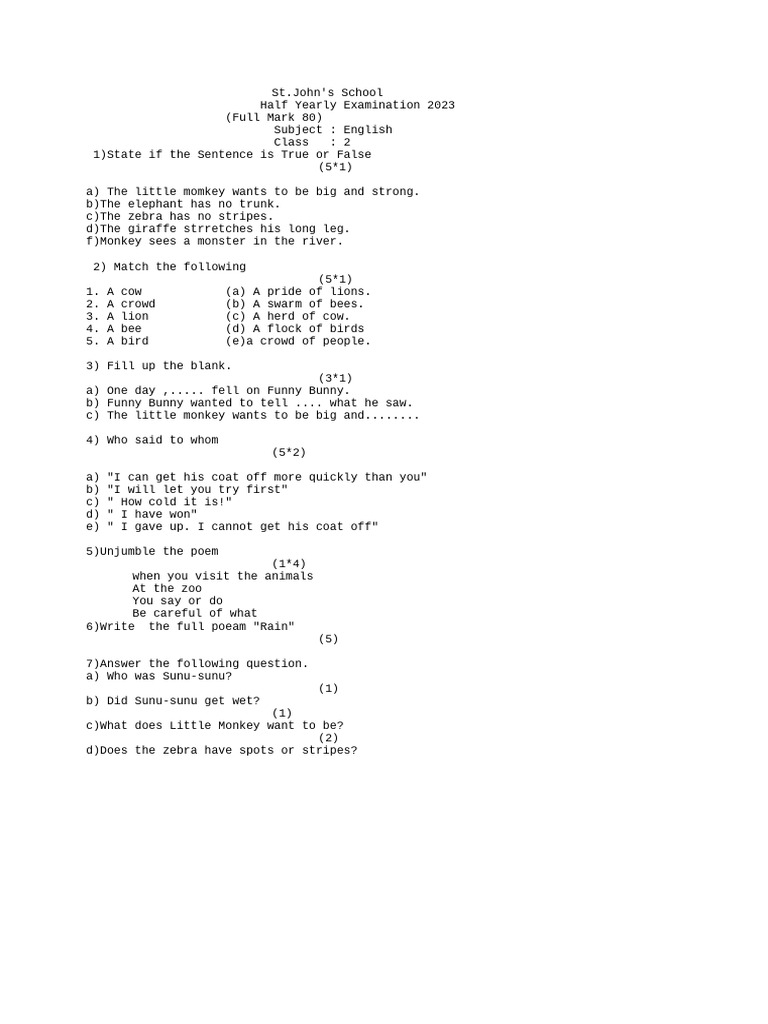 Class2 Halfyearlyenglish | PDF