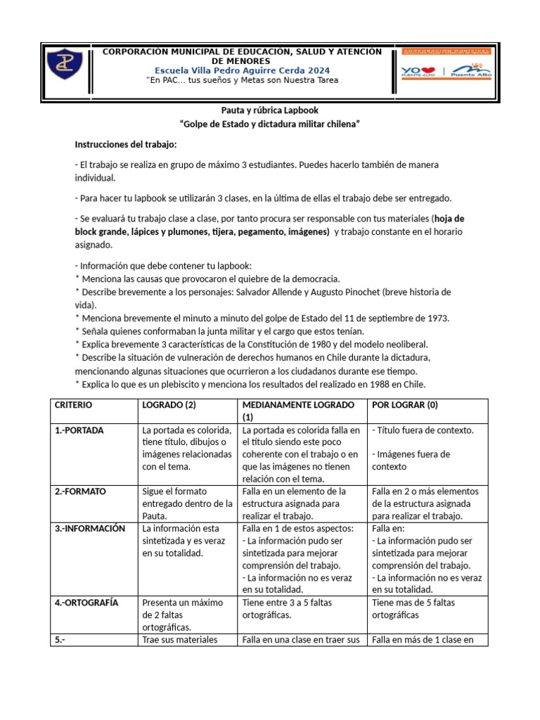 Pauta y Rúbrica Lapbook | PDF | Chile | Augusto Pinochet