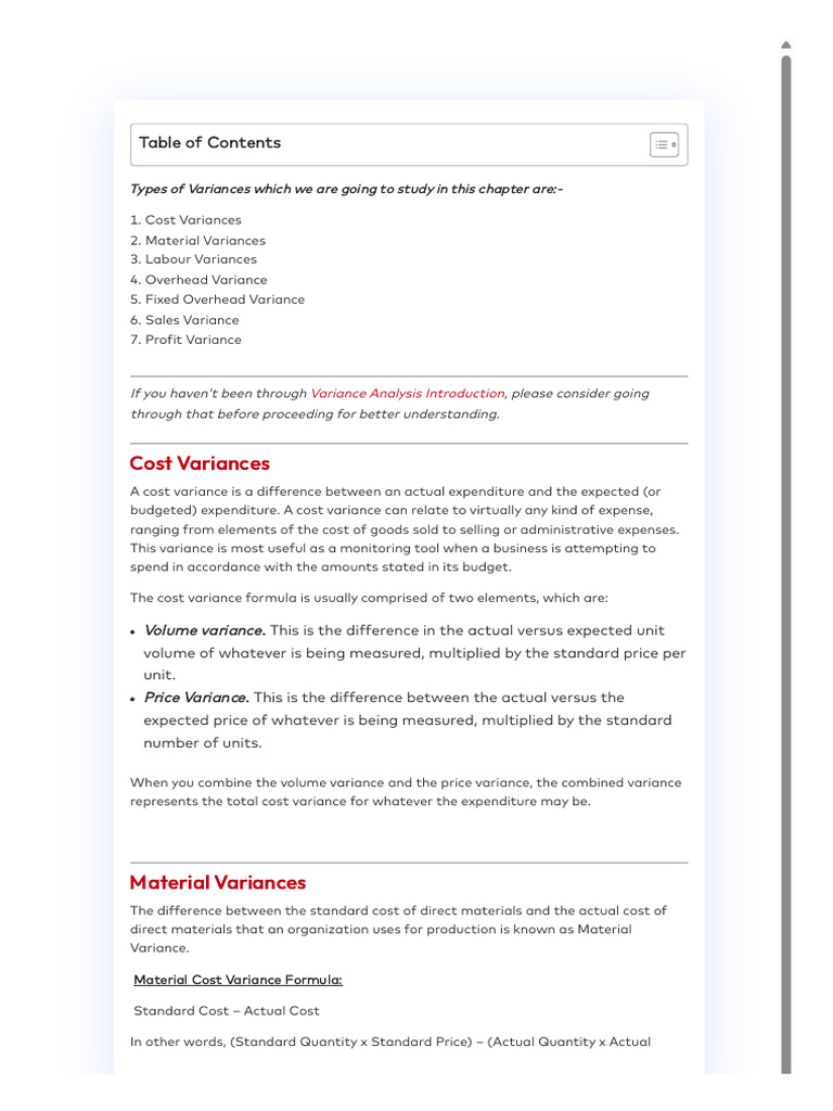 Types of Variance (Cost, Material, Labour, Overhead, Fixed Overhead ...