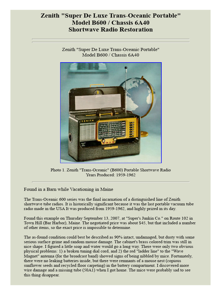 Zenith B600 Trans-Oceanic Radio Restoration | PDF | Rectifier | Vacuum Tube