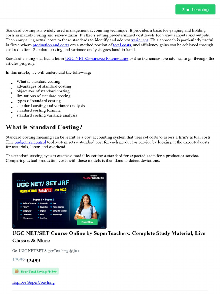 Standard Costing Meaning, Objectives, Etc. For UGC NET Notes | PDF