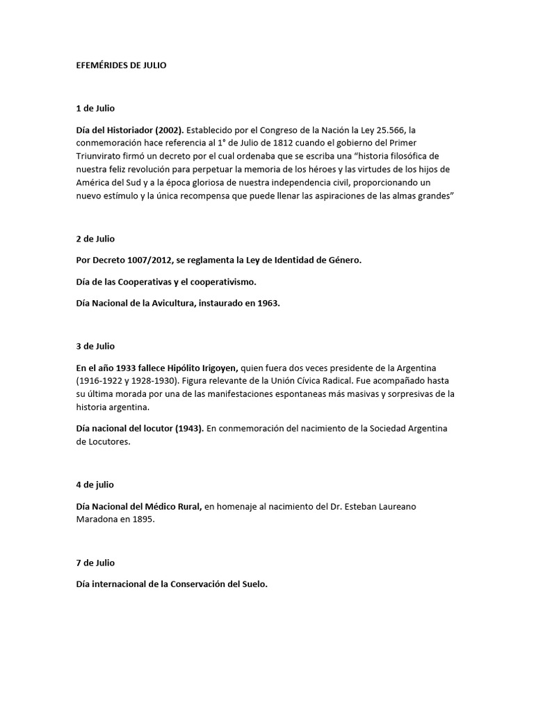 Efemérides de Julio en Argentina 2023 | PDF | Argentina