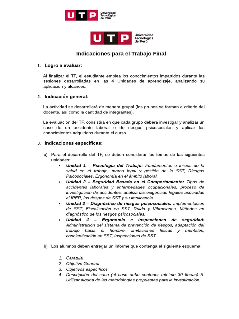 ? (AC-S18) Semana 18 - Trabajo Final - Indicaciones para El TF - Salud Psicolaboral | PDF
