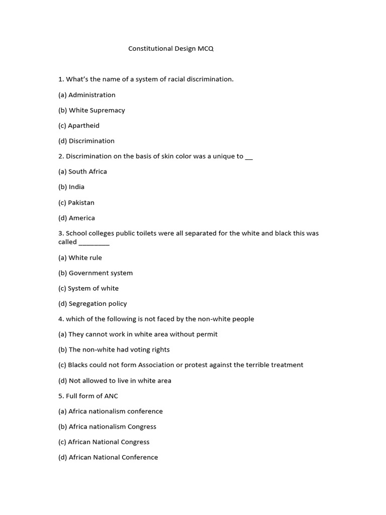 Constitutional Design MCQs | PDF | Nelson Mandela | African National ...