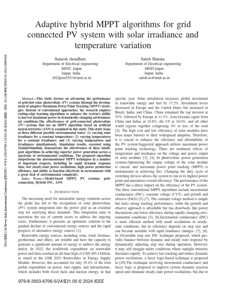 Adaptive Hybrid MPPT Algorithms For Grid Connected PV System With Solar Irradiance and ...