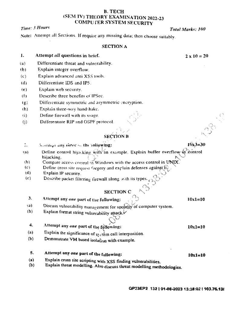 Btech 4 Sem Computer System Security Aug 2023 | PDF