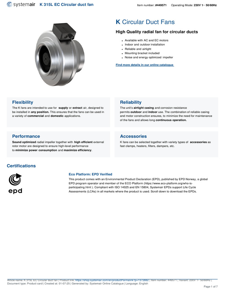 Systemair K 315L EC Circular Duct Fan | PDF | Mains Electricity | Duct (Flow)