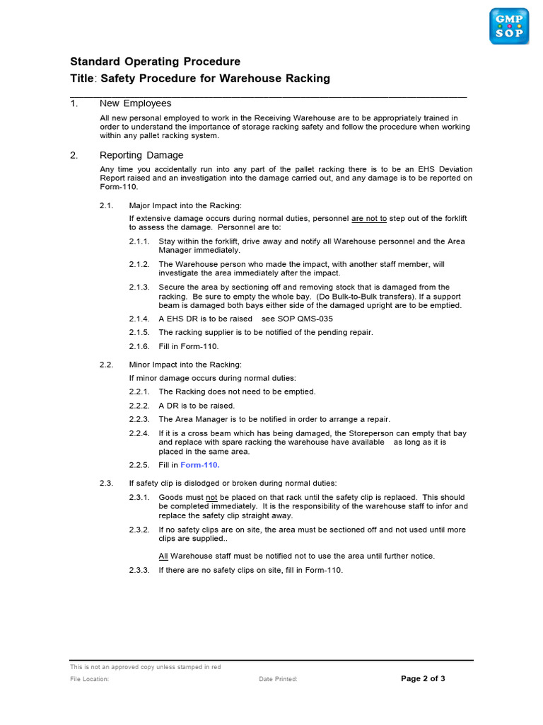 WAR 060 Safety Procedure of Warehouse Racking Sample | PDF | Warehouse ...