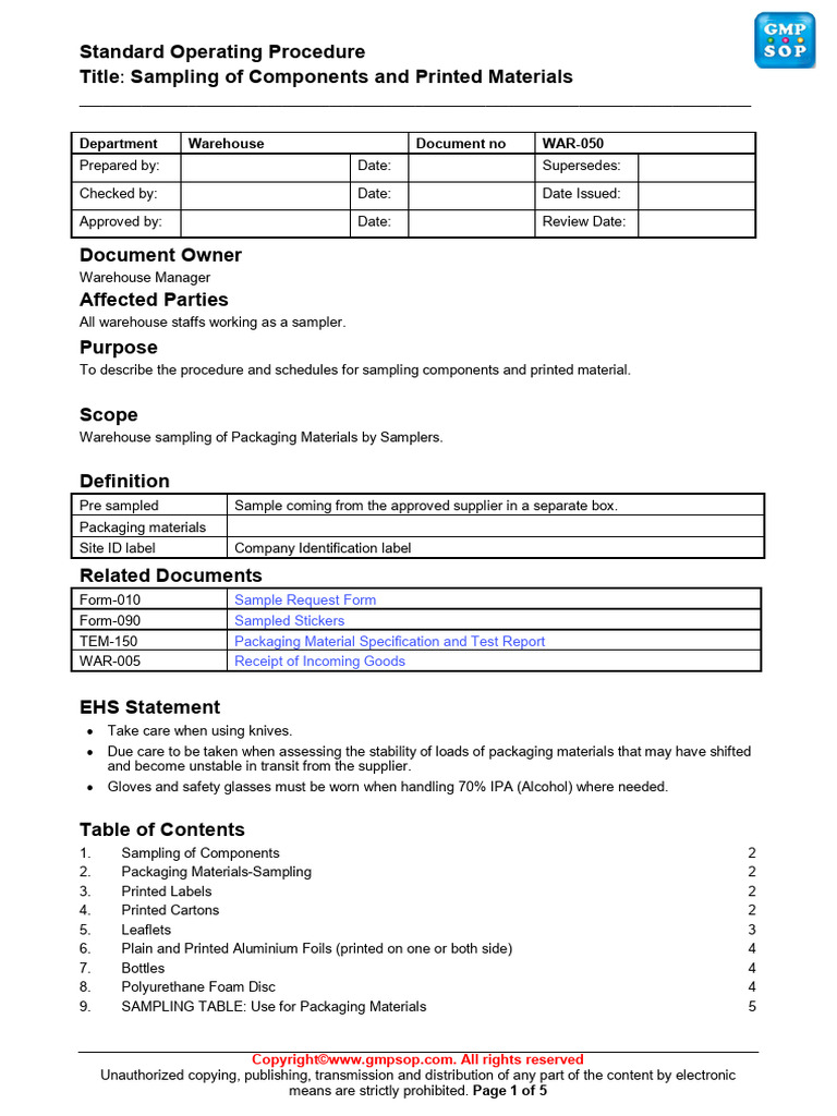 WAR 050 Sampling of Components and Printed Materials Sample | PDF