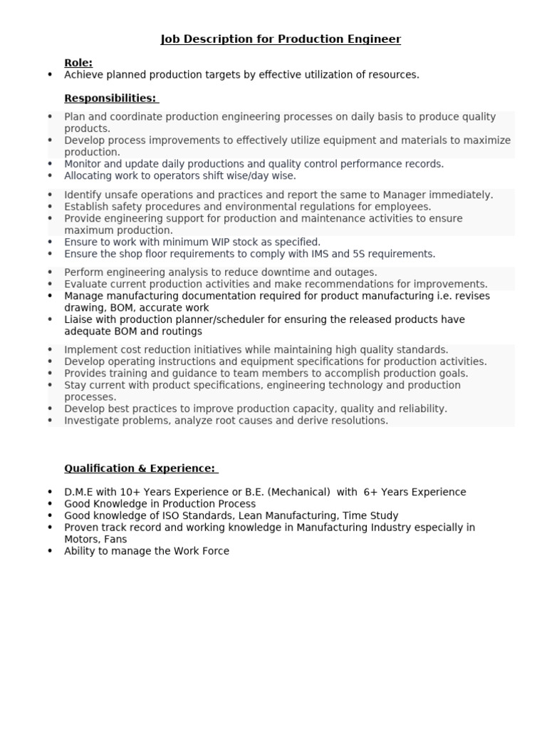 Job Description - Production Engineer | PDF