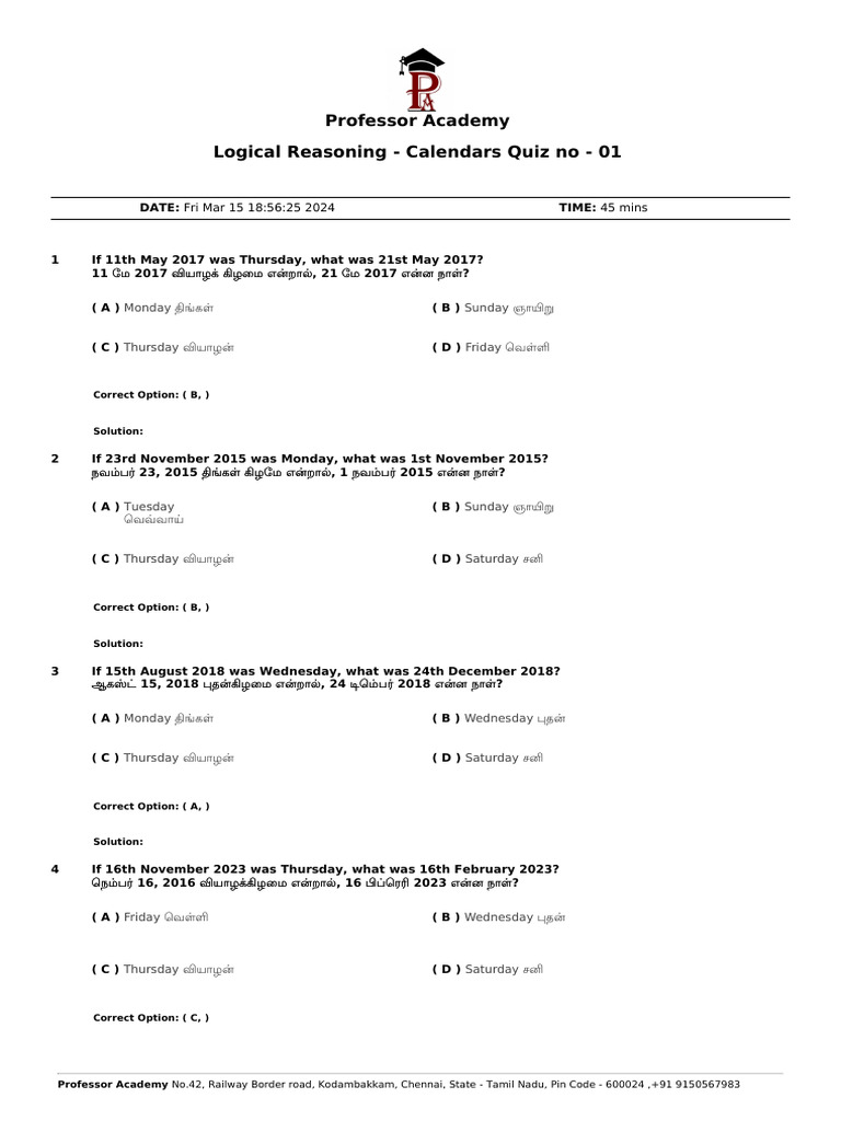 Logical Reasoning - Calendars Quiz No - 01 | PDF