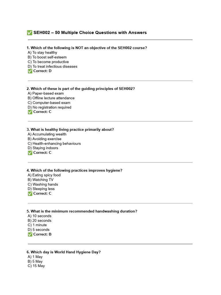 Health MCQs with Answers PDF | PDF | Hand Washing | Vaccination