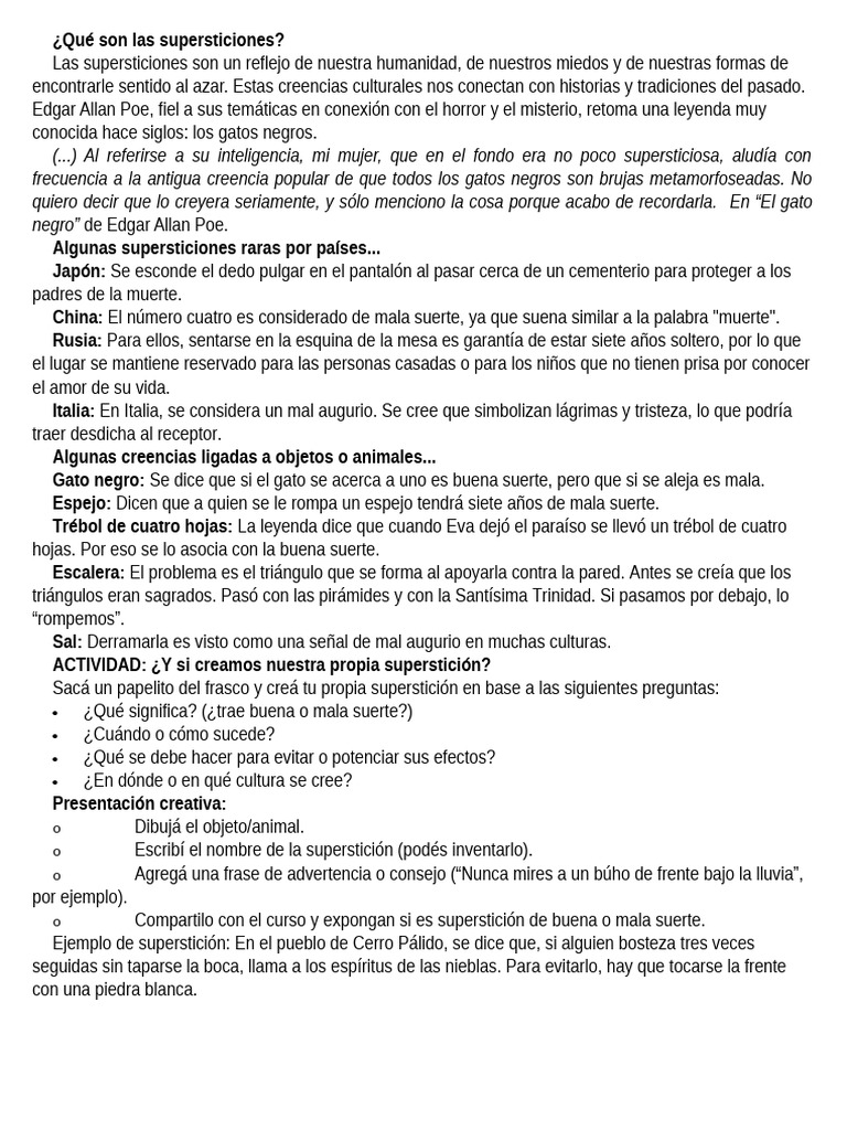 Supersticiones - Actividad | PDF | Supersticiones | Gatos