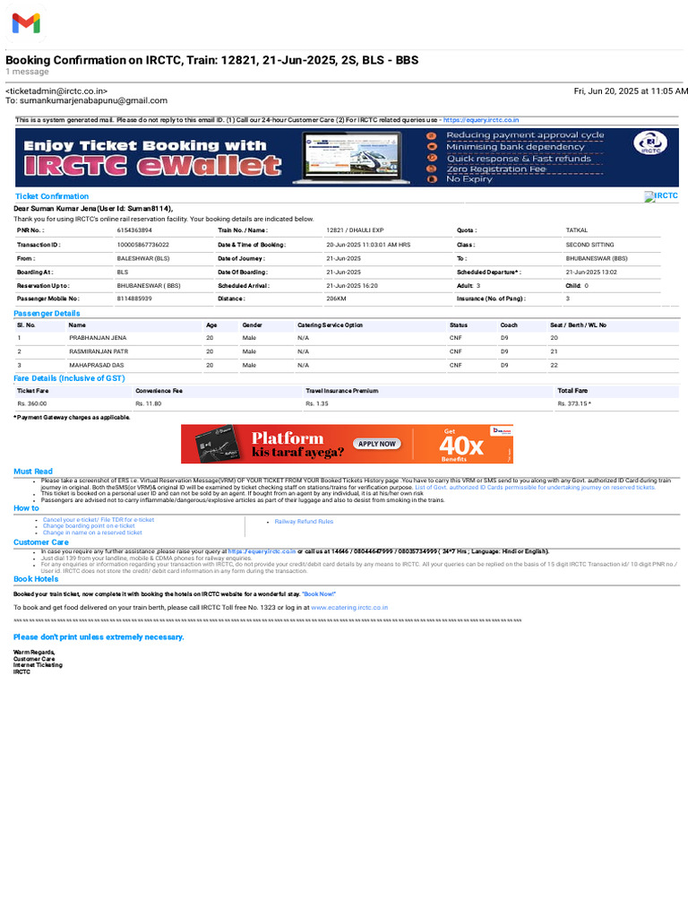 Gmail - Booking Confirmation On IRCTC, Train - 12821, 21-Jun-2025, 2S ...
