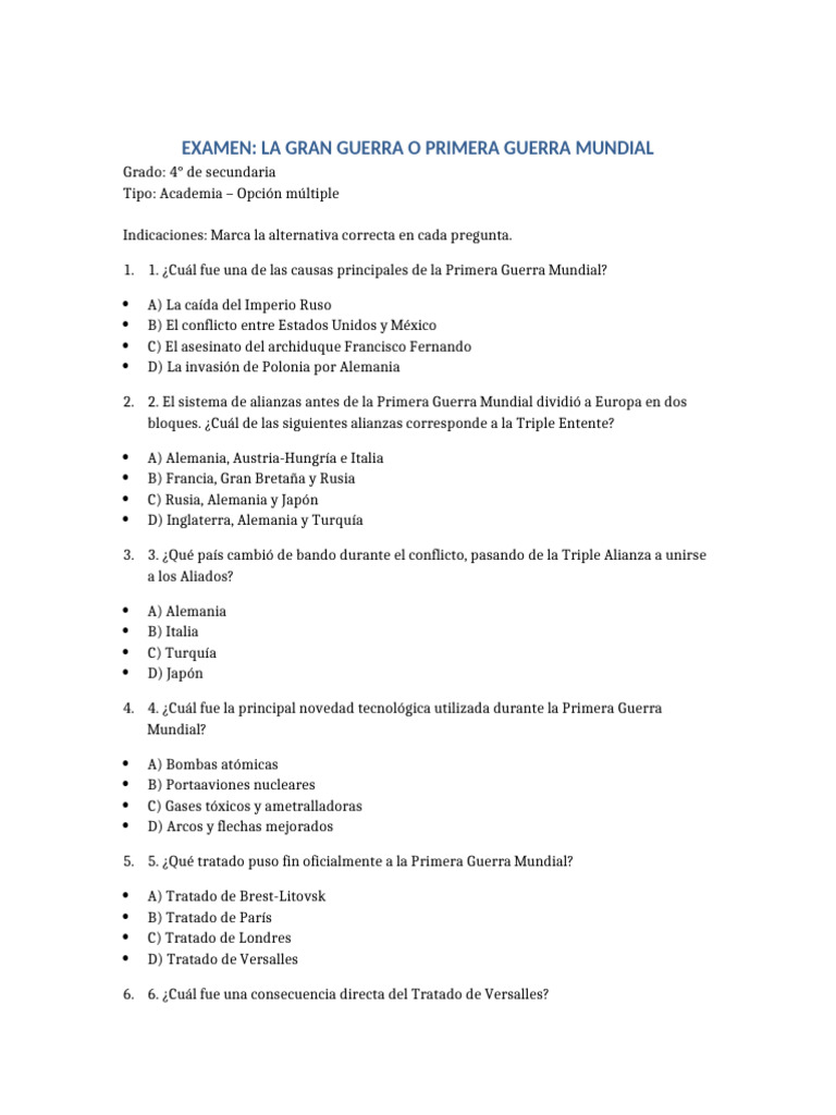 Examen sobre la Primera Guerra Mundial | PDF