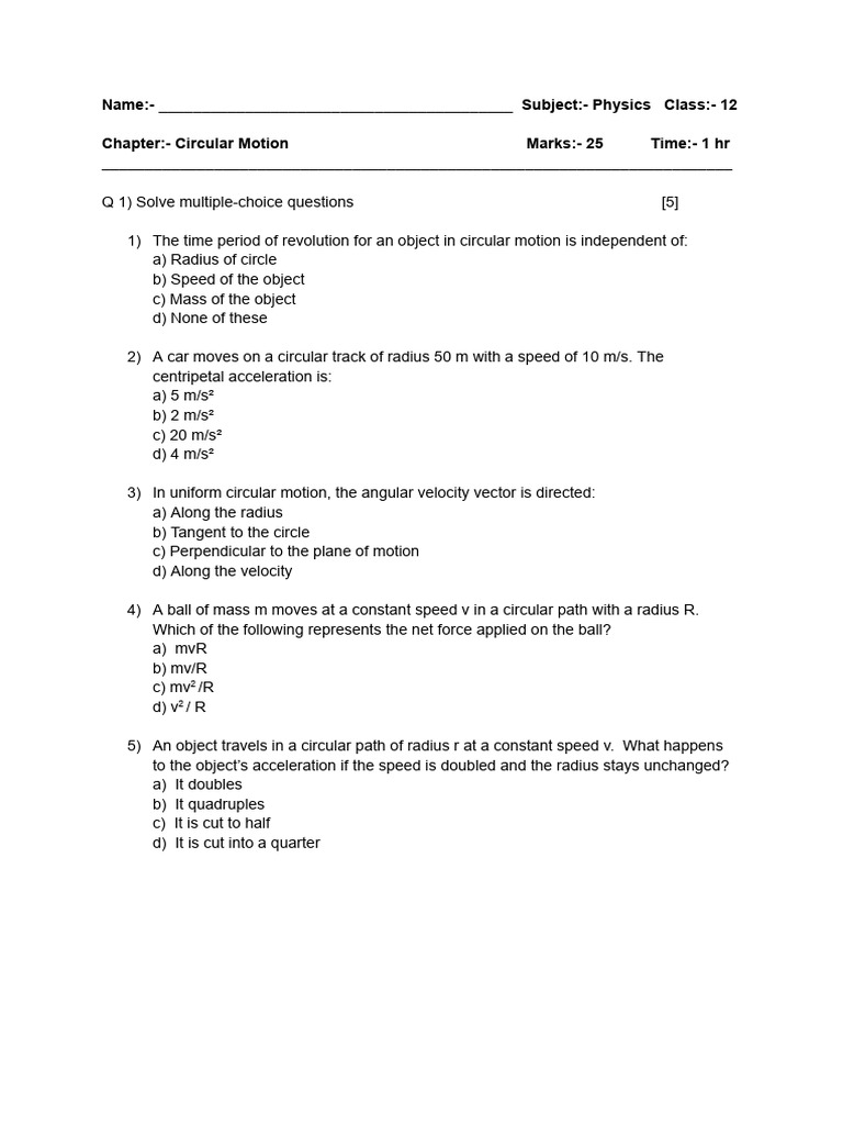 Circular Motion Exam Questions for Class 12 | PDF | Acceleration | Rotation
