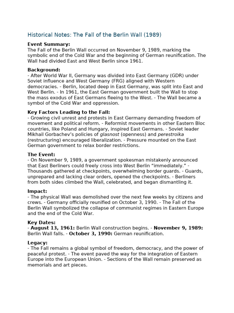 Fall of Berlin Wall Notes | PDF