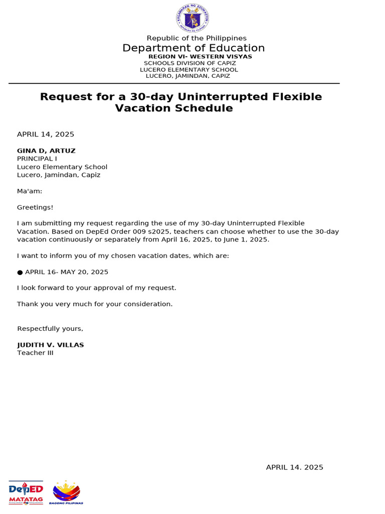 Letter Request Uninterrupted Vacation | PDF