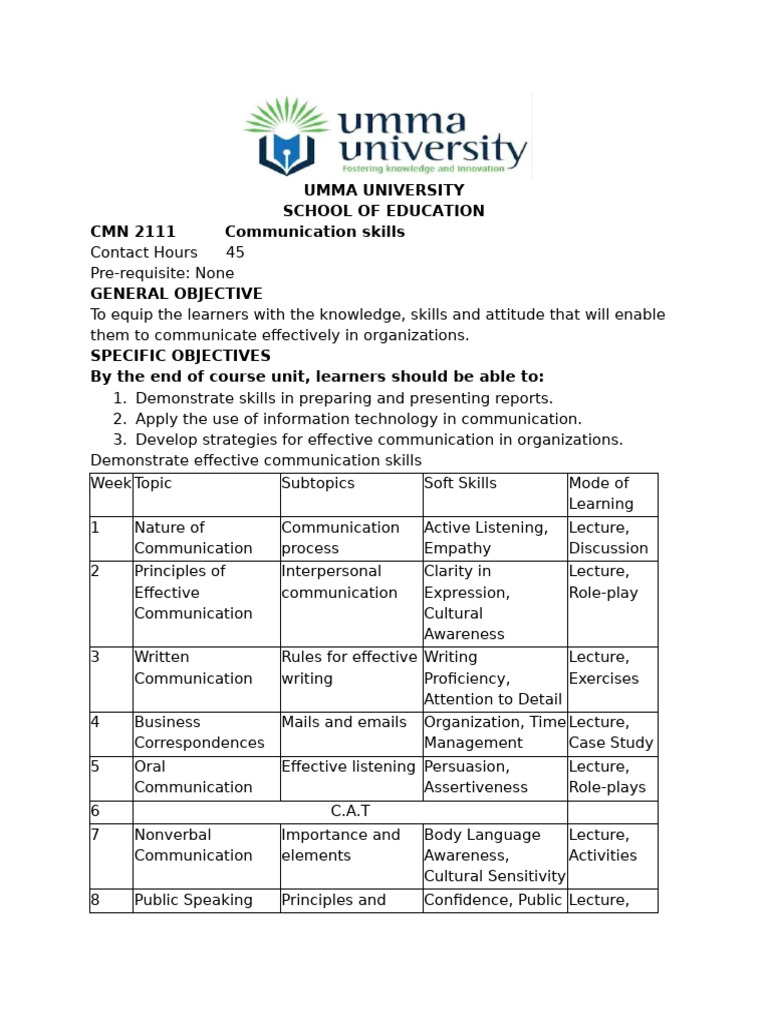 Communication Skills Course Outline | PDF | Communication | Skill