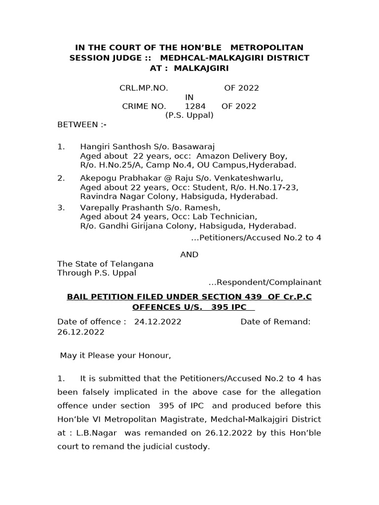 439 Bail in Crime No. 1284 of 2022 A2to4 2nd Bail | PDF | Bail | Misconduct